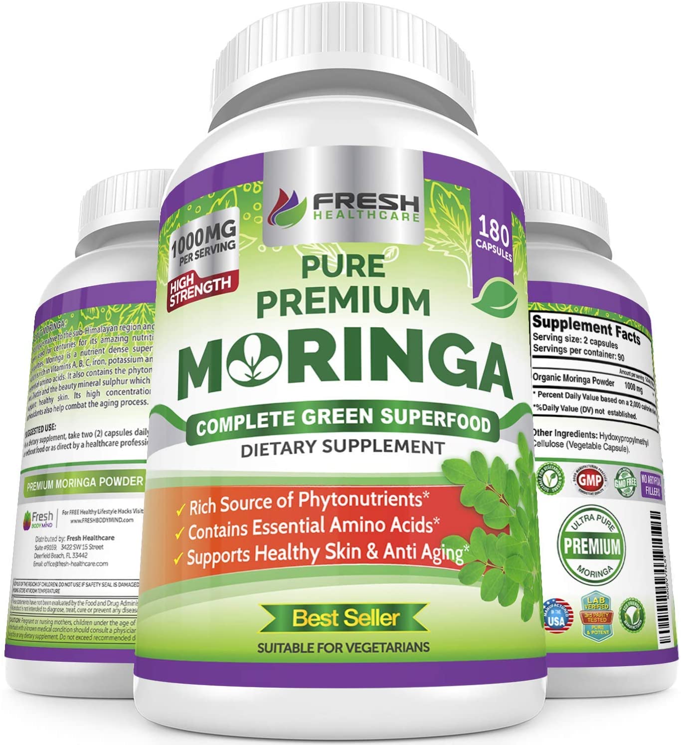 fresh healthcare Moringa Oleifera 180 Capsules – 100% Pure Leaf Powder ...