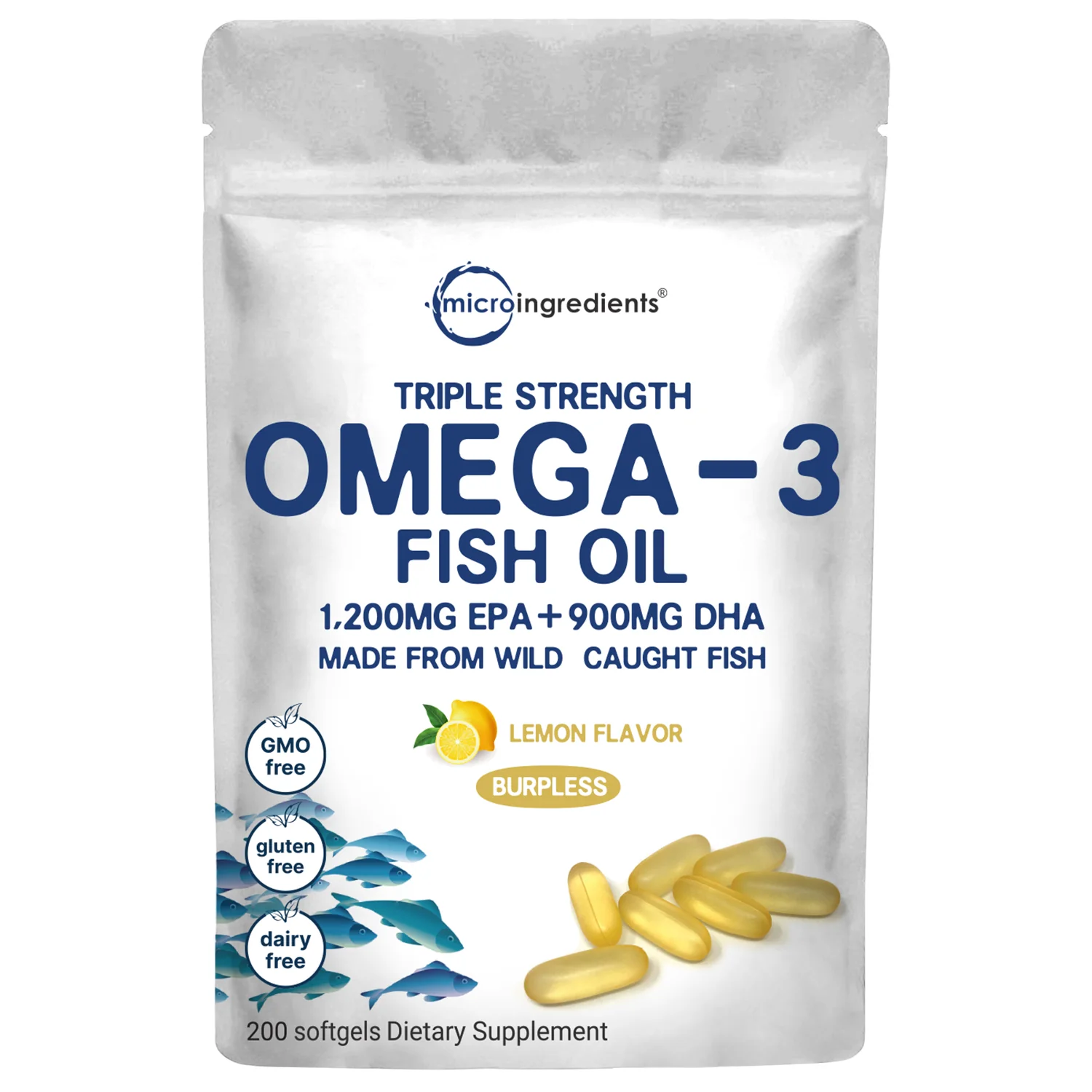 Micro Ingredients Omega-3 Fish Oil, 200 Softgels, Triple Strength, EPA ...